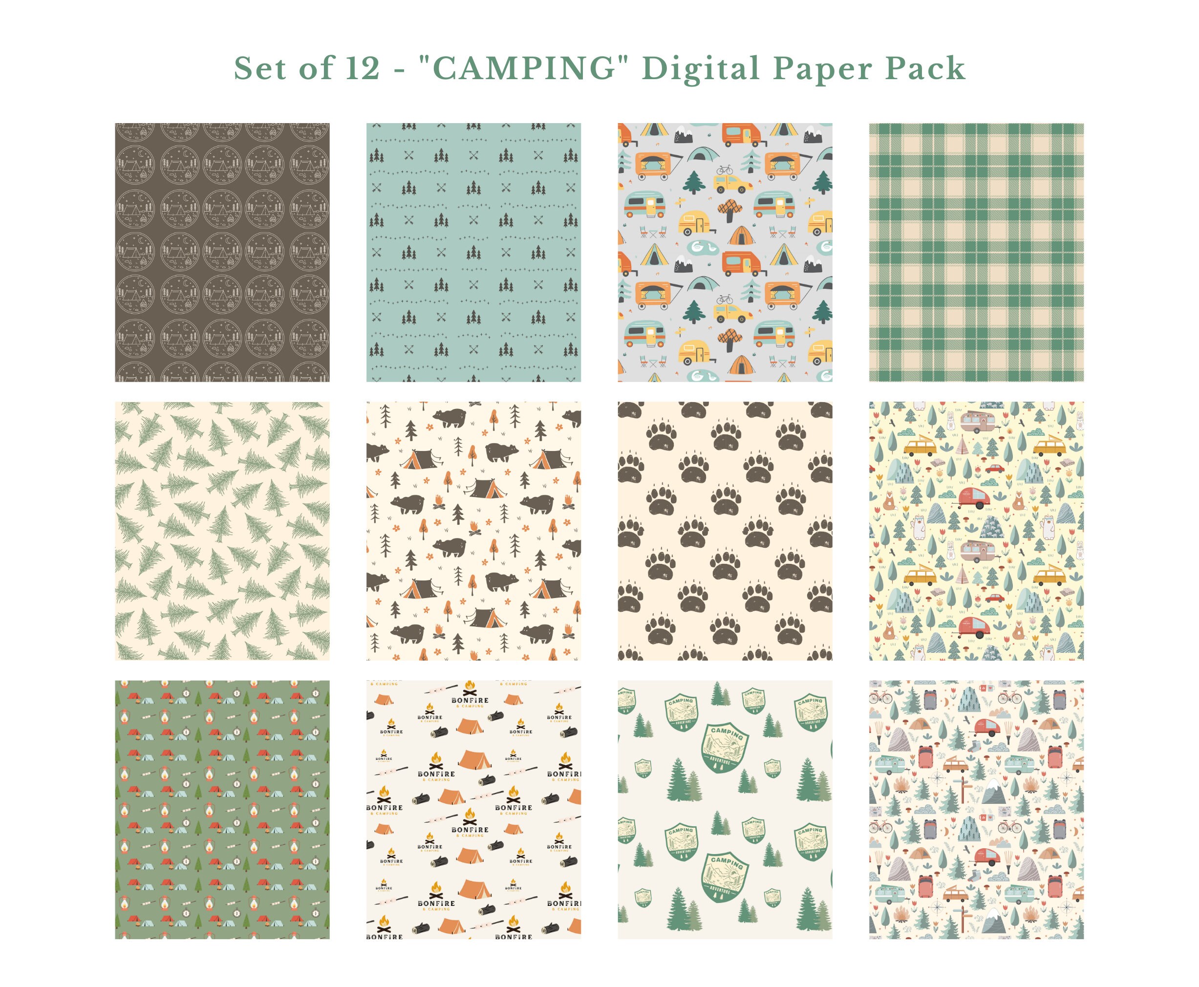 Camping Digital Paper Pack Scrapbooking Camping Patterns Seamless ...