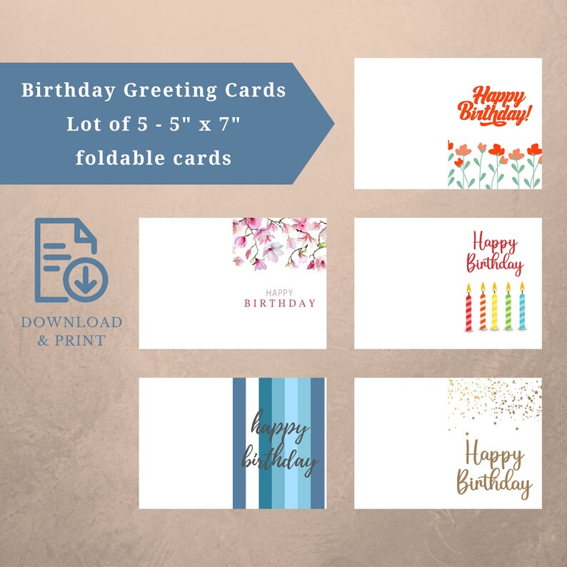 Printable Cards Bundle Set of 5 Birthday Cards Happy Birthday Cards ...
