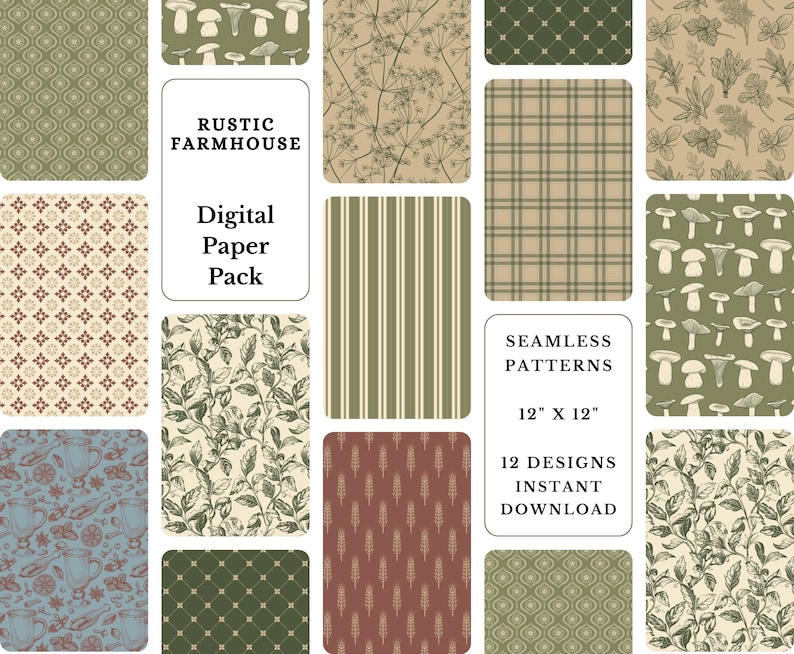 Rustic Farmhouse Digital Paper Pack: Vintage Wallpaper Patterns (PDF ...