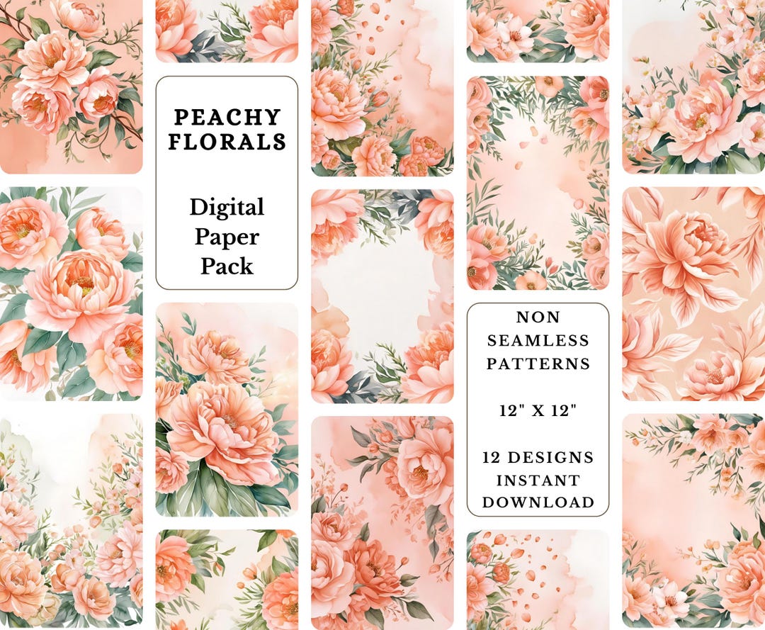 Peach Floral Digital Paper Pack | Flowers Peach Paper Pack | Floral ...