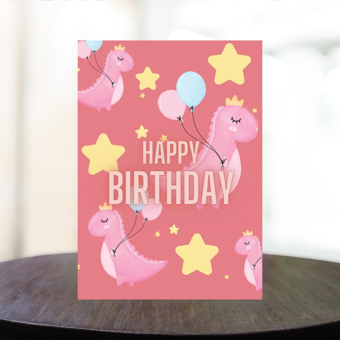 Printable Birthday Card Instant Download Birthday Card Pink Dinosaur ...
