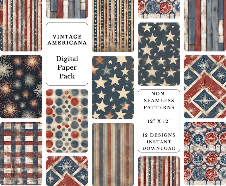 Vintage Americana Stars & Stripes Digital Paper Pack (digital Download ...