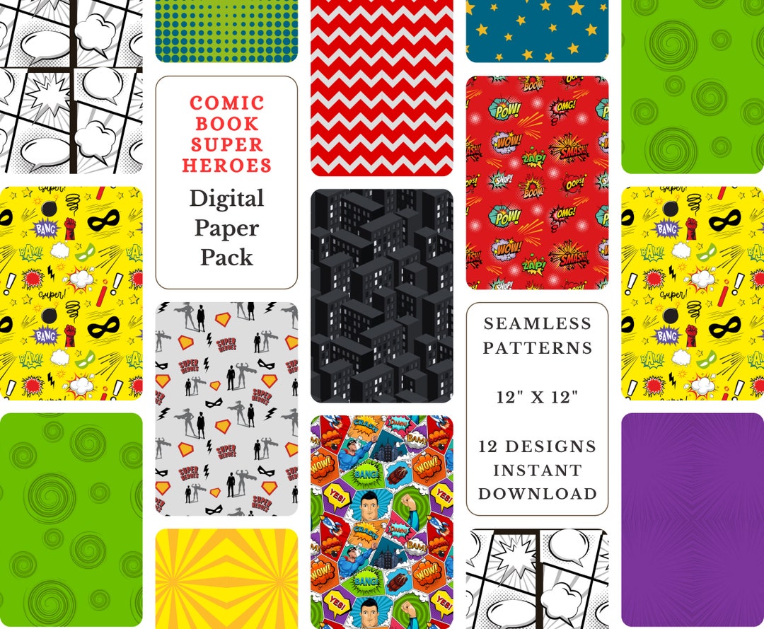 Superhero Comic Book Digital Paper: Seamless Heroic Patterns (digital ...