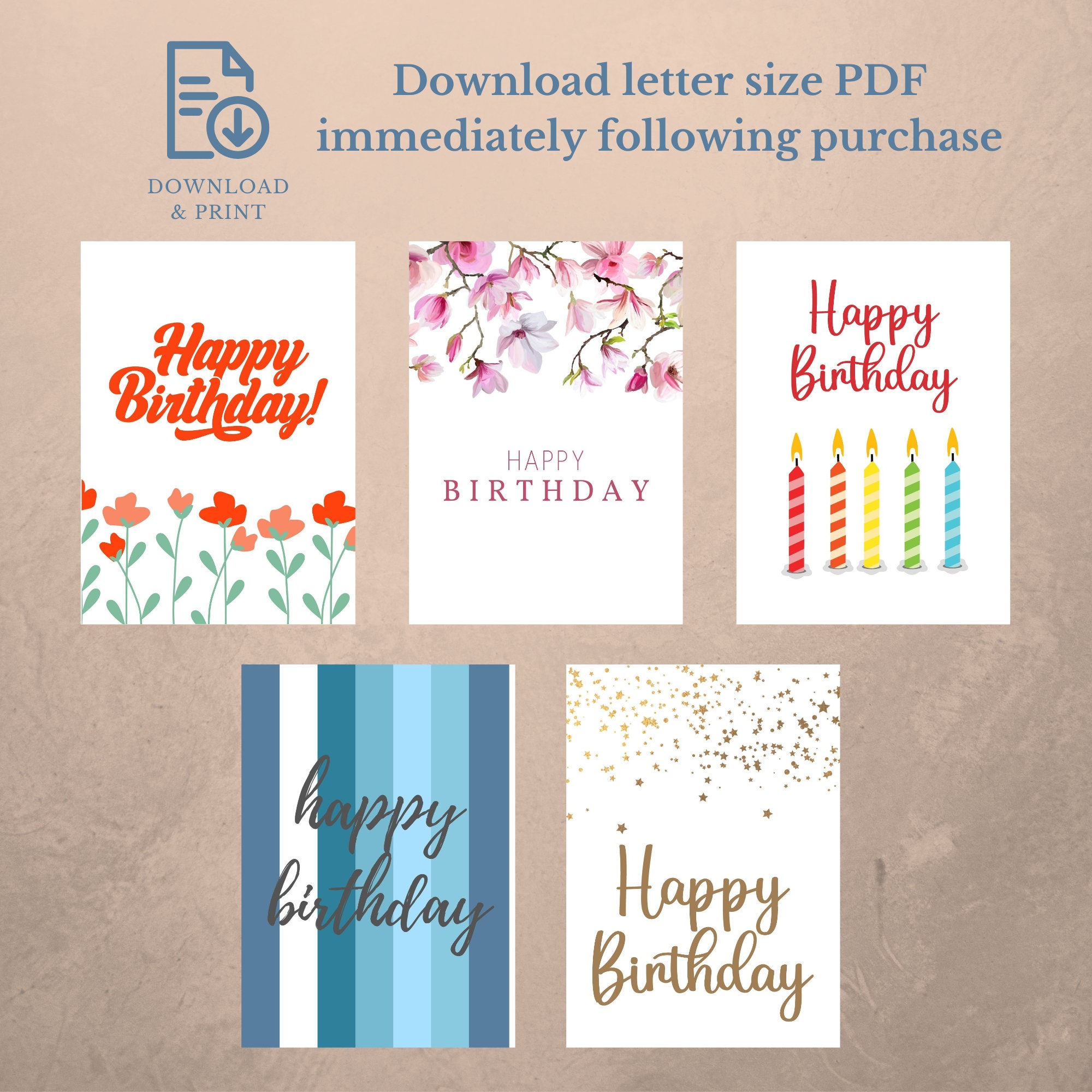 Printable Cards Bundle Set of 5 Birthday Cards Happy Birthday Cards ...