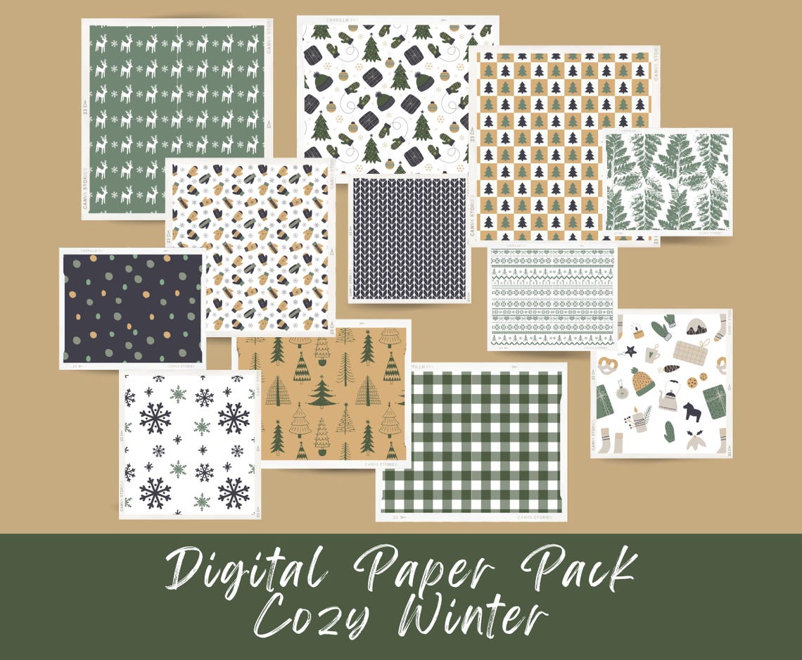 Cozy Winter Digital Paper Pack: Navy Sage Christmas Patterns (digital ...