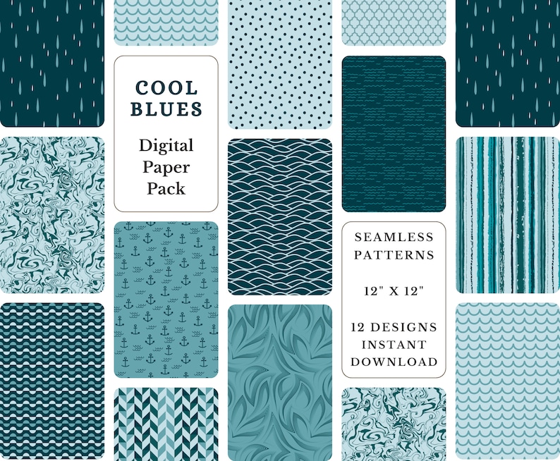 Blue Digital Paper Pack | Cool Tone Scrapbook Patterns (instant ...