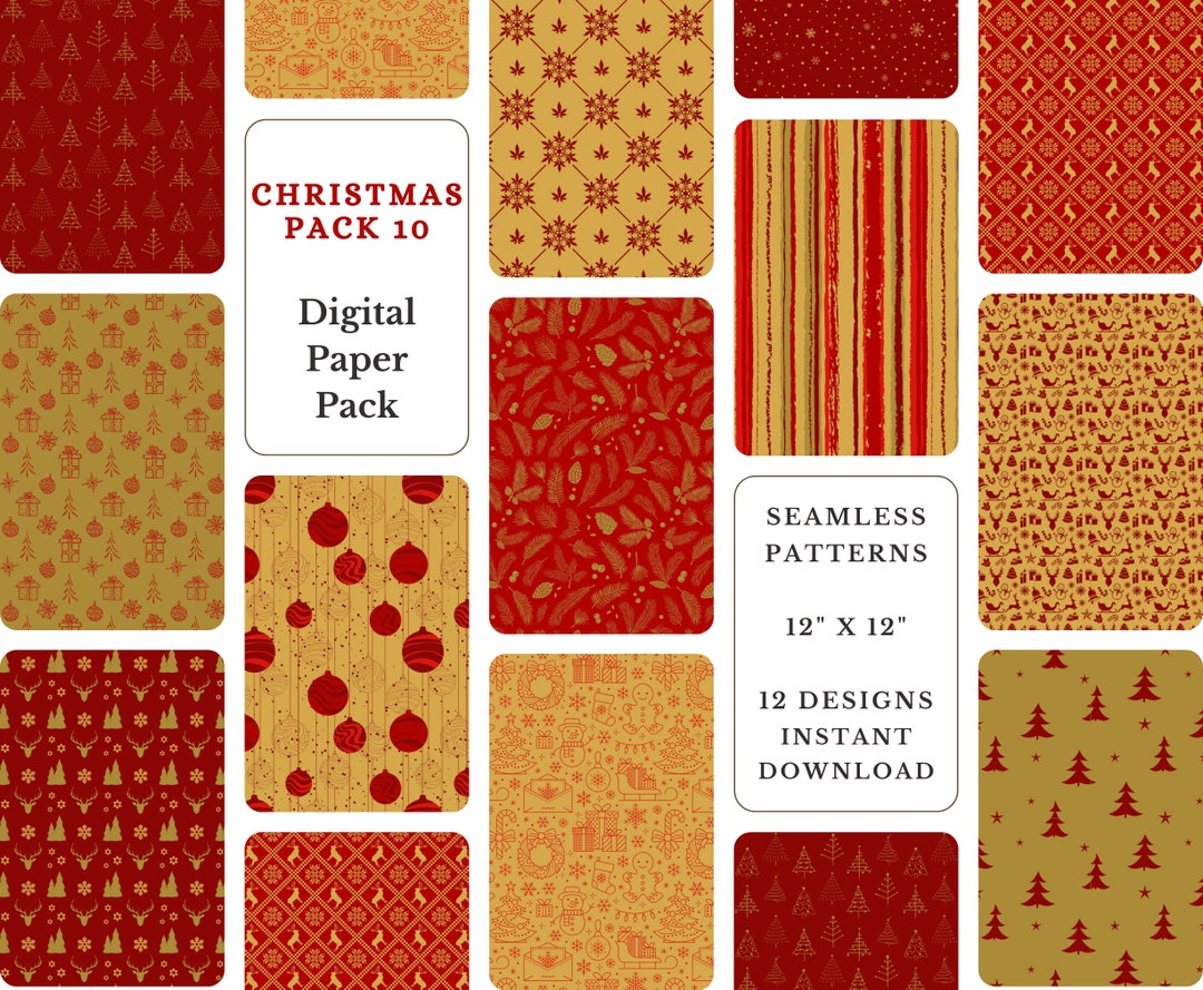 Red and Gold Christmas Digital Paper Pack: Holiday Scrapbook ...