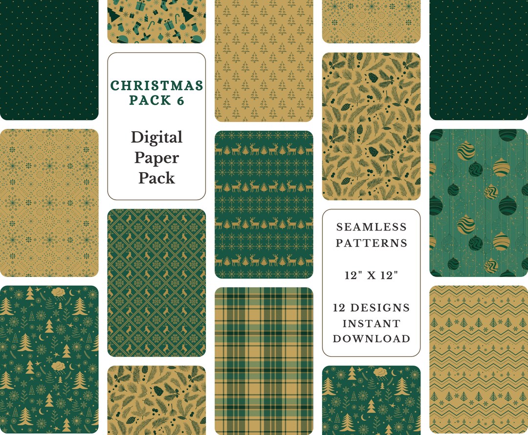 Green & Gold Christmas Digital Paper Pack: Festive Scrapbook Patterns ...