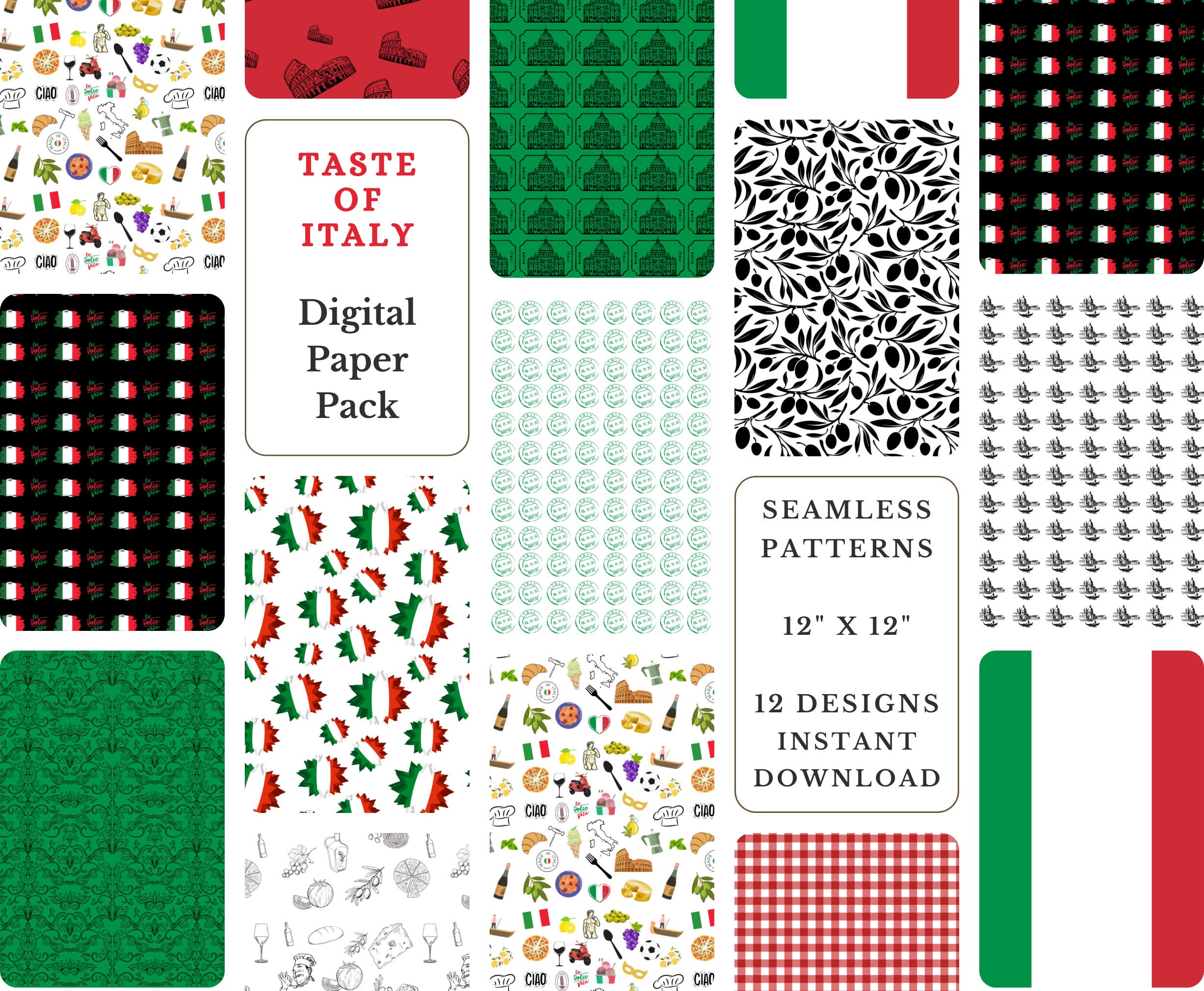 Italy Themed Digital Paper Pack Seamless Paper Patterns Instant ...