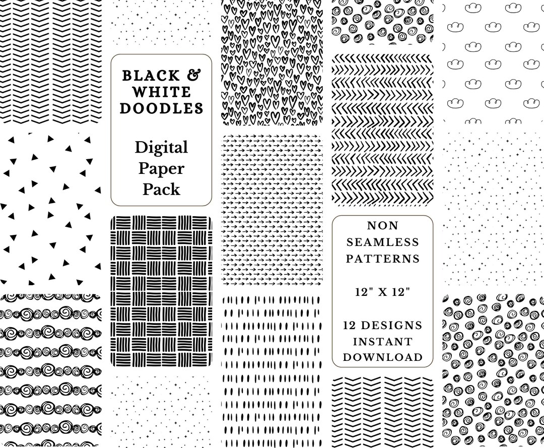Black and White Doodle Digital Paper Pack | Scrapbook Paper Doodle ...