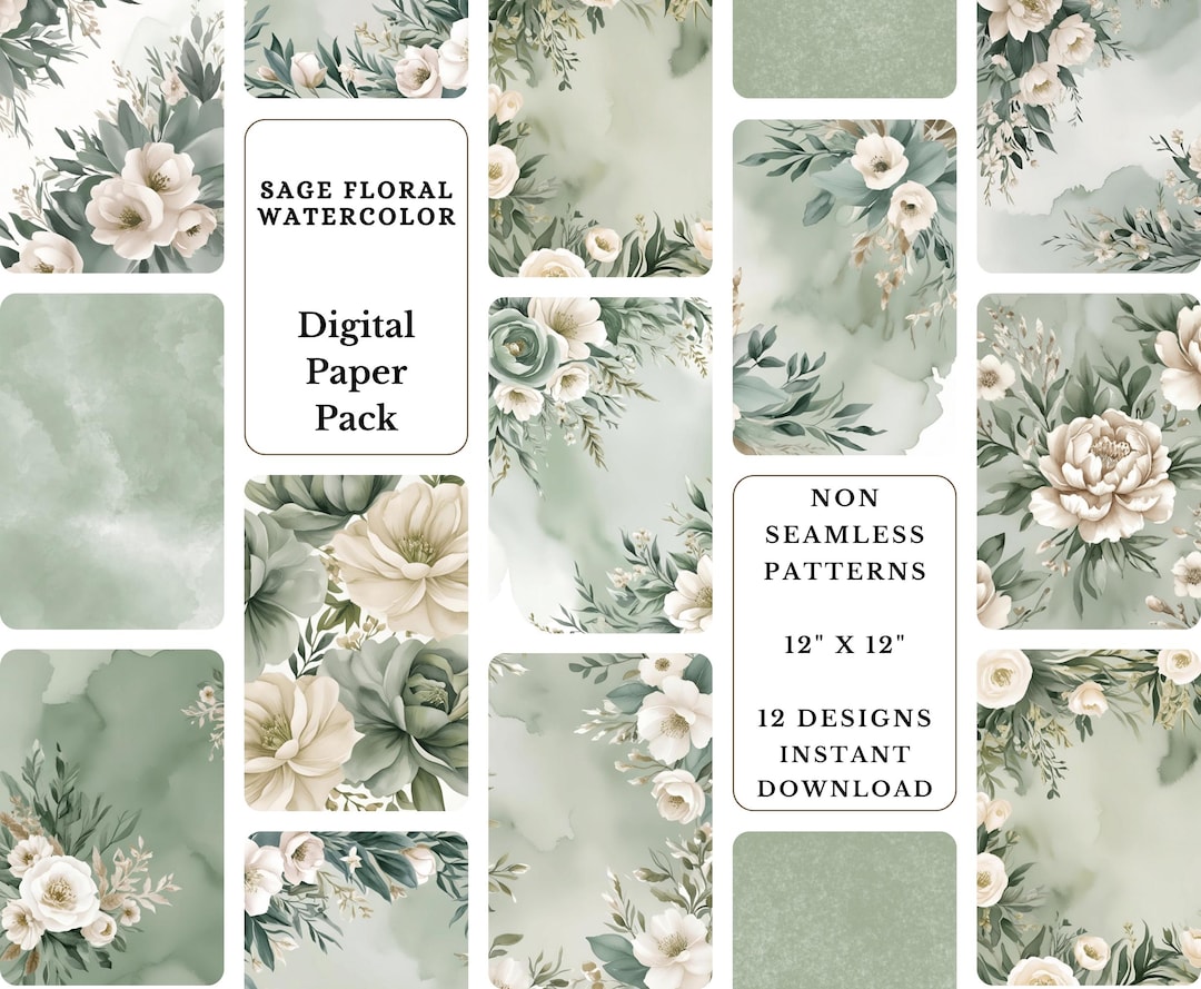Sage Green Floral Watercolor Paper: Pastel Wedding Backgrounds (digital ...