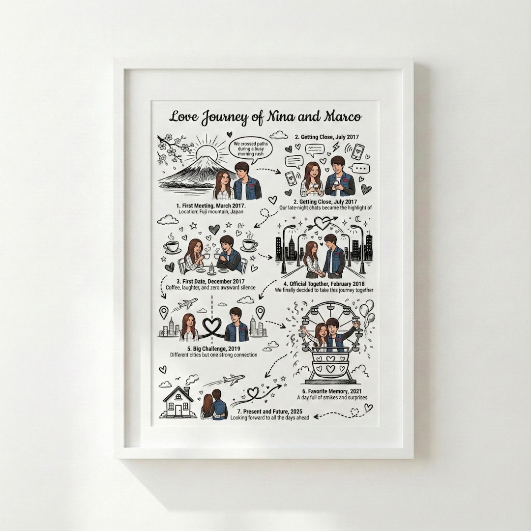 Custom Love Story Timeline From Photo | Anniversary Gift | Doodle Art ...
