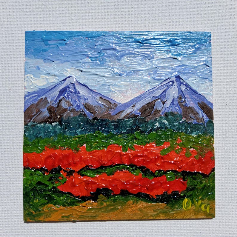 Poppy Field Mountain Miniature Original Oil Painting Red Flowers Wooden ...