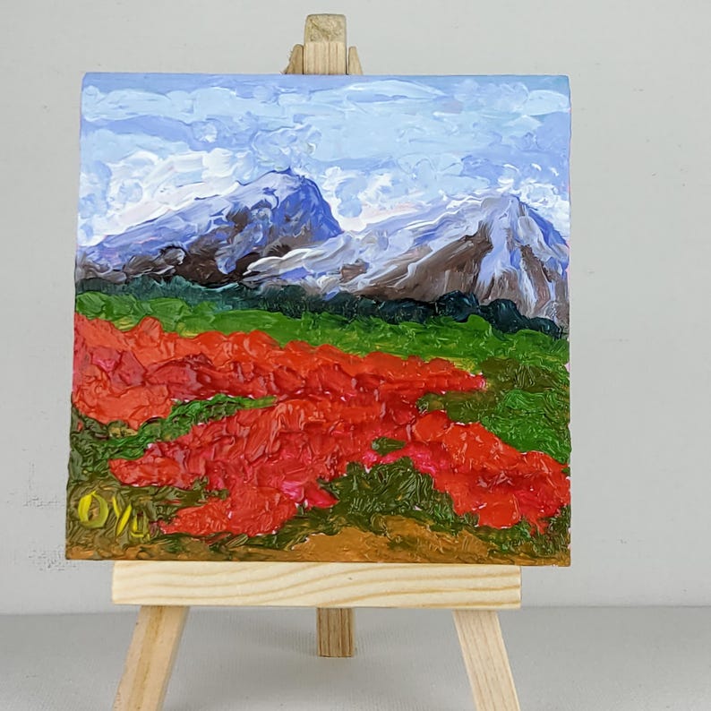Poppy Field Mountain Miniature Original Oil Painting Red Flowers Wooden ...