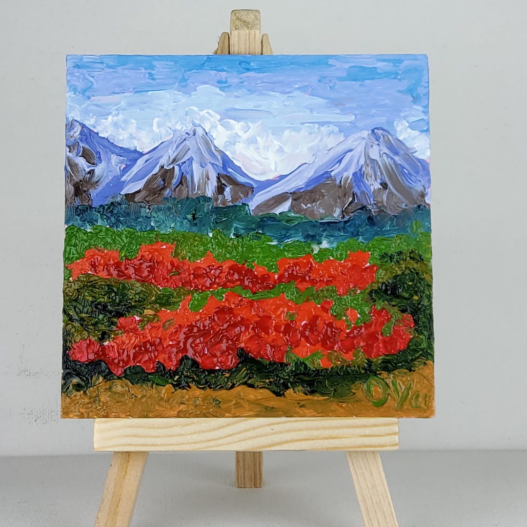 Poppy Field Mountain Miniature Original Oil Painting Red Flowers Wooden ...