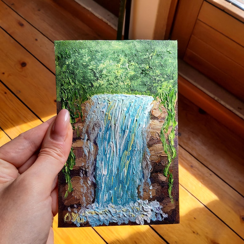 Forest Jungle Waterfall Miniature Original Oil Painting Green Trees ...