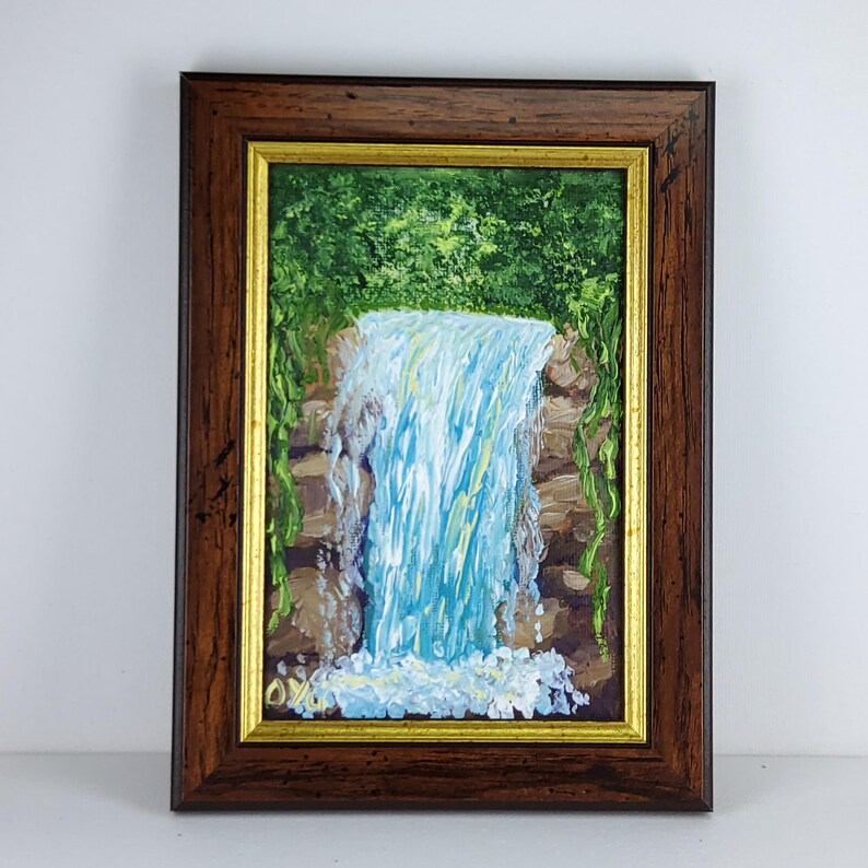 Forest Jungle Waterfall Miniature Original Oil Painting Green Trees ...