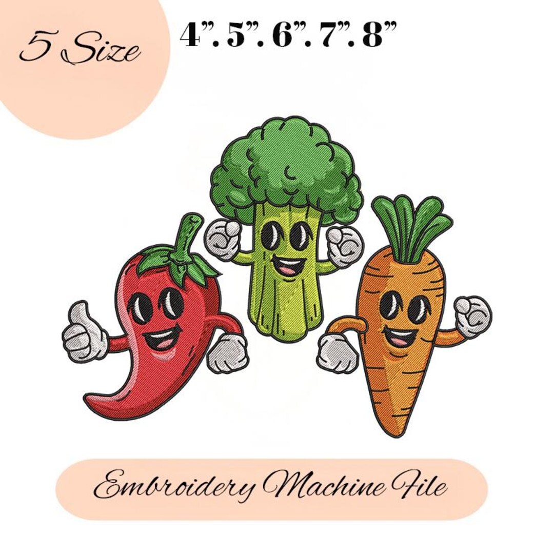 Vegetable Friends Machine Embroidery Design, Chili Carrot Cauliflower ...