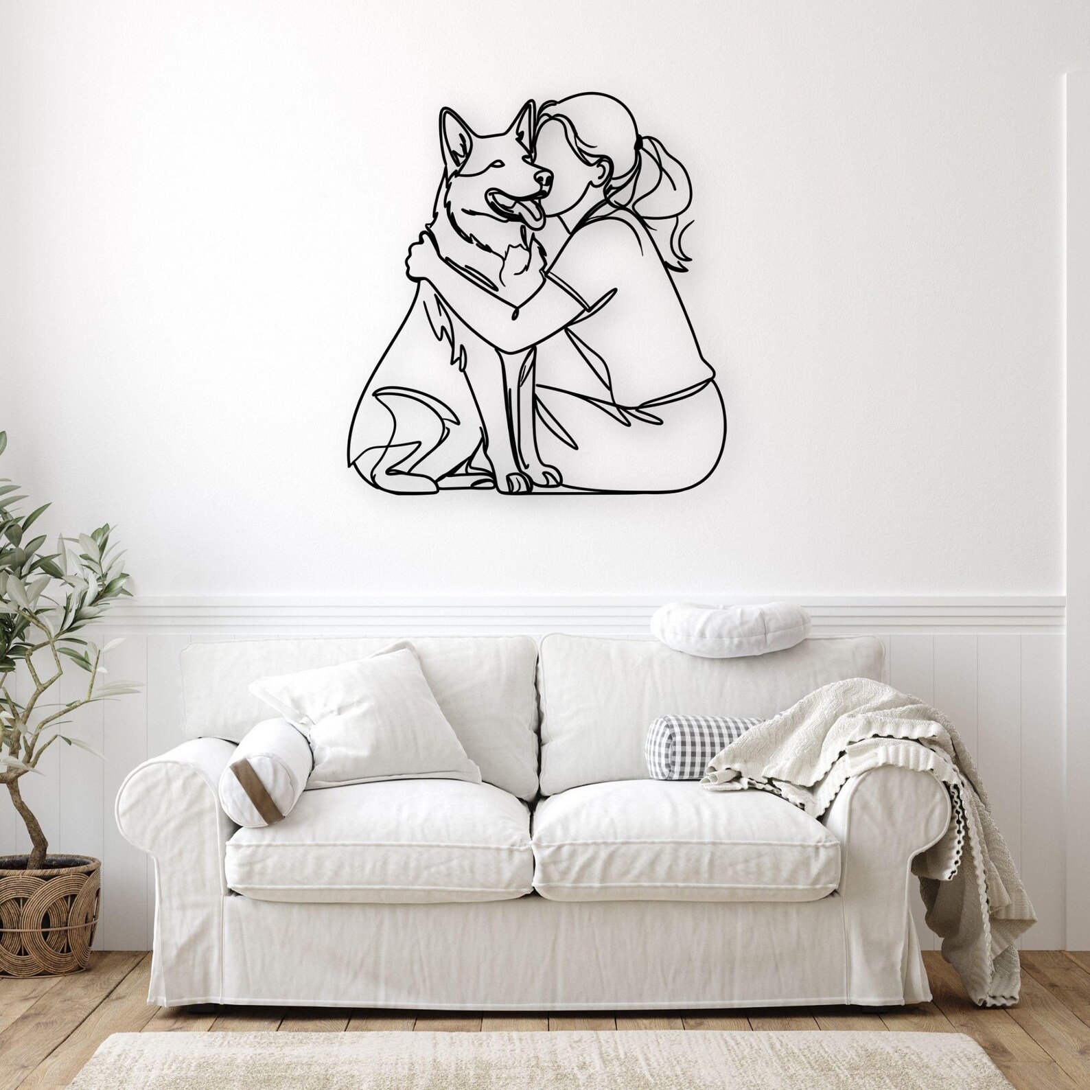 Dog and Woman Hug Metal Wall Art, Modern Minimalist Line Wall Decor ...