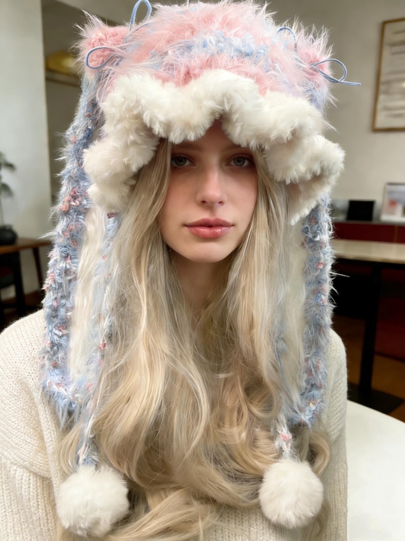 Bunny Ear Hood Hat, Kawaii Pastel Hoodie, Cute Plush Hood Scarf With ...