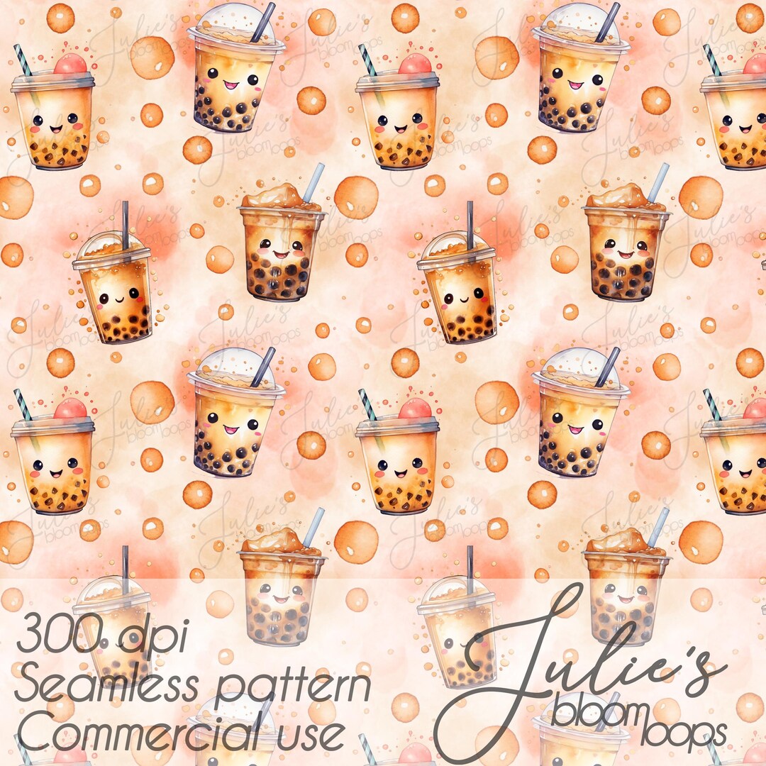 Watercolor Bobba Bubble Tea Aquarelle Kawaii - Seamless Pattern ...