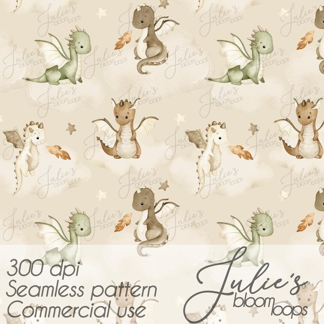 Cute Dragons Watercolor Minimalist - Seamless Pattern - Commercial Use ...