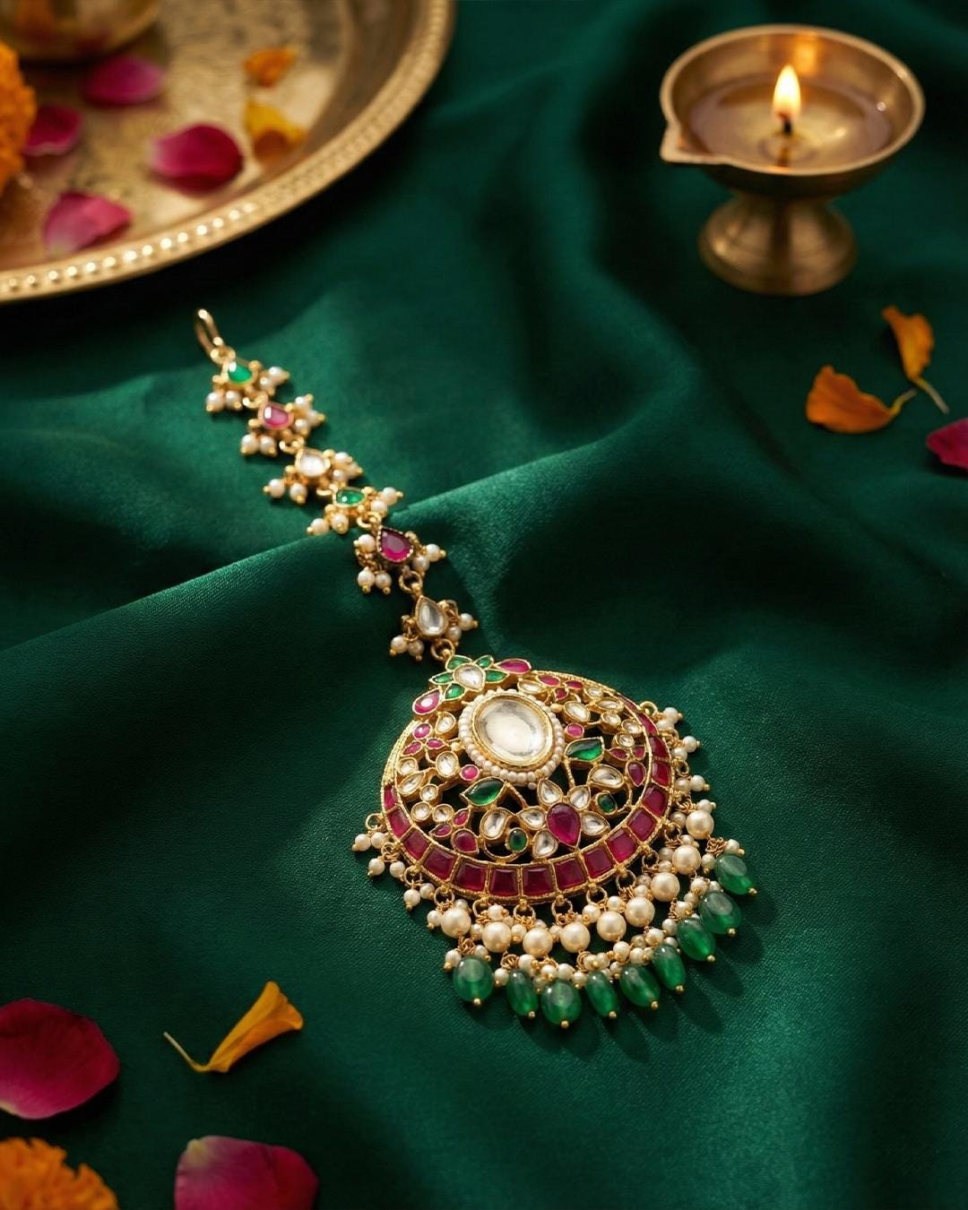 Indian Bridal Maang Tikka Headpiece, Kundan Pearl Forehead Jewelry ...