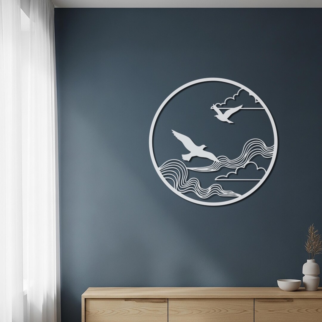 Round Seagull Metal Wall Art, Ocean Waves Circle Wall Decor, Coastal ...