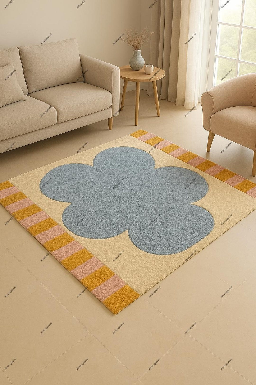 Hand-tufted Pastel Flower Wool Rug - Blue Scalloped Floral Area Rug ...