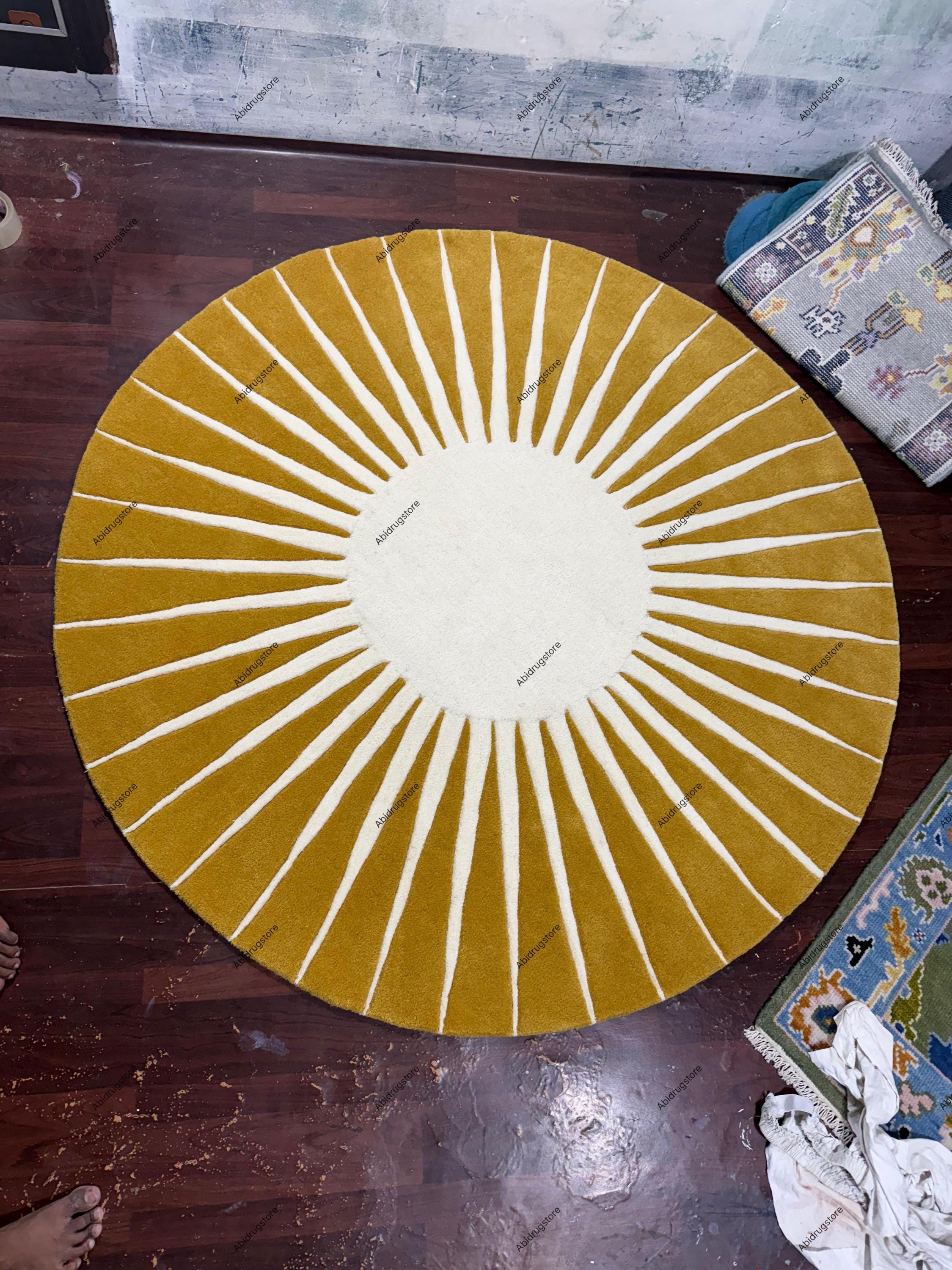 Sunburst Round Wool Rug, Hand Tufted Mustard Yellow Carpet, Modern ...