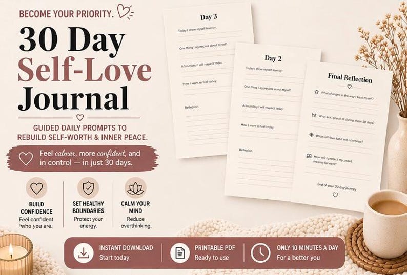 30 Day Self Love Journal Printable PDF | Build Confidence, Set ...