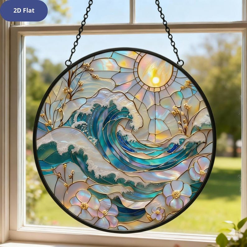 Ocean Wave Stained Glass Suncatcher, 2D Flat Ocean Wave Window Hanging ...