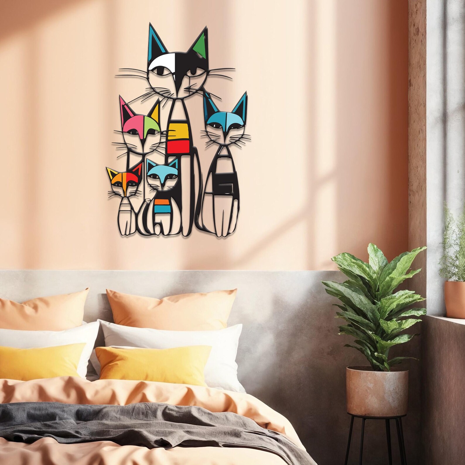 Colorful Cat Family Metal Wall Art – Geometric Feline Decor - Etsy