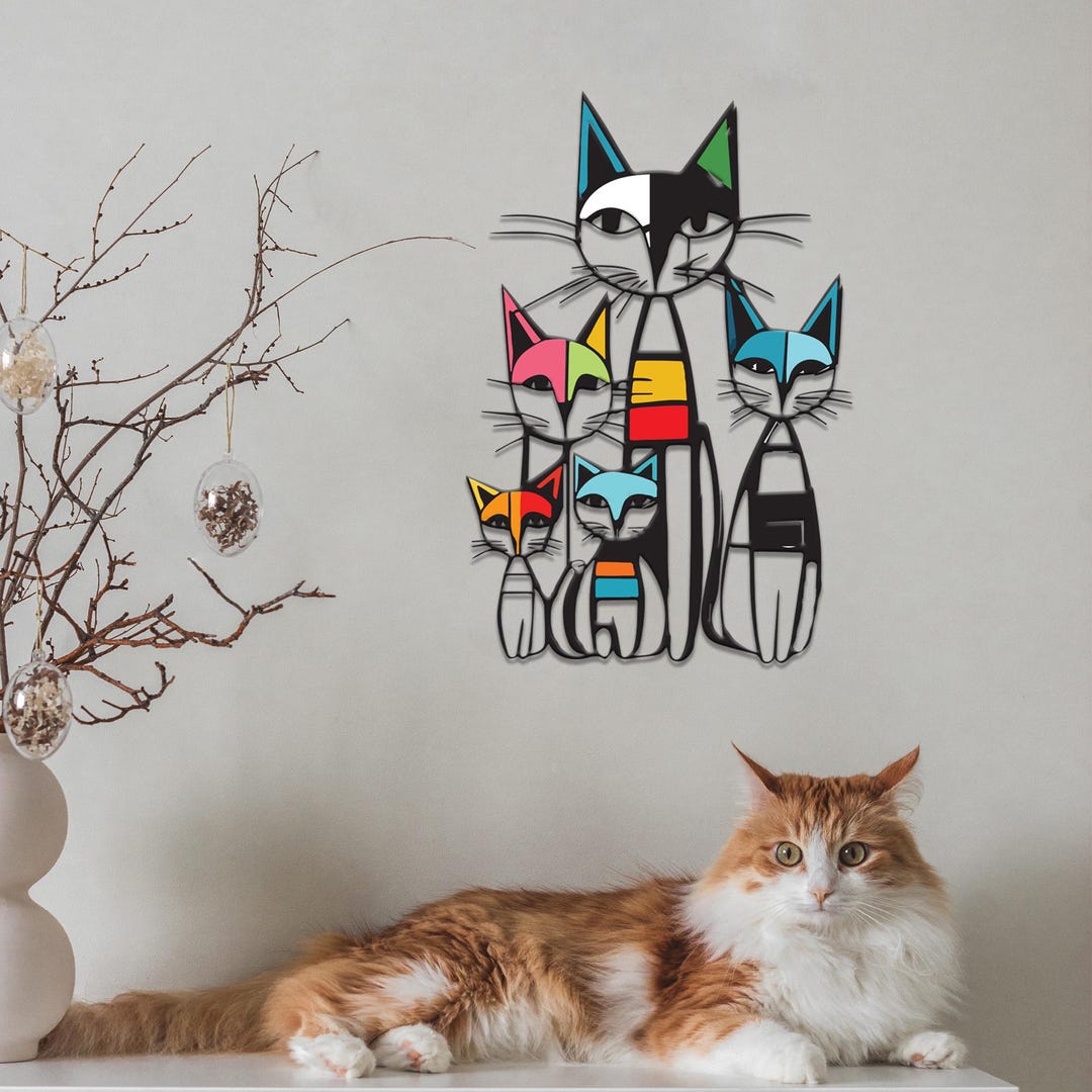 Colorful Cat Family Metal Wall Art – Geometric Feline Decor - Etsy
