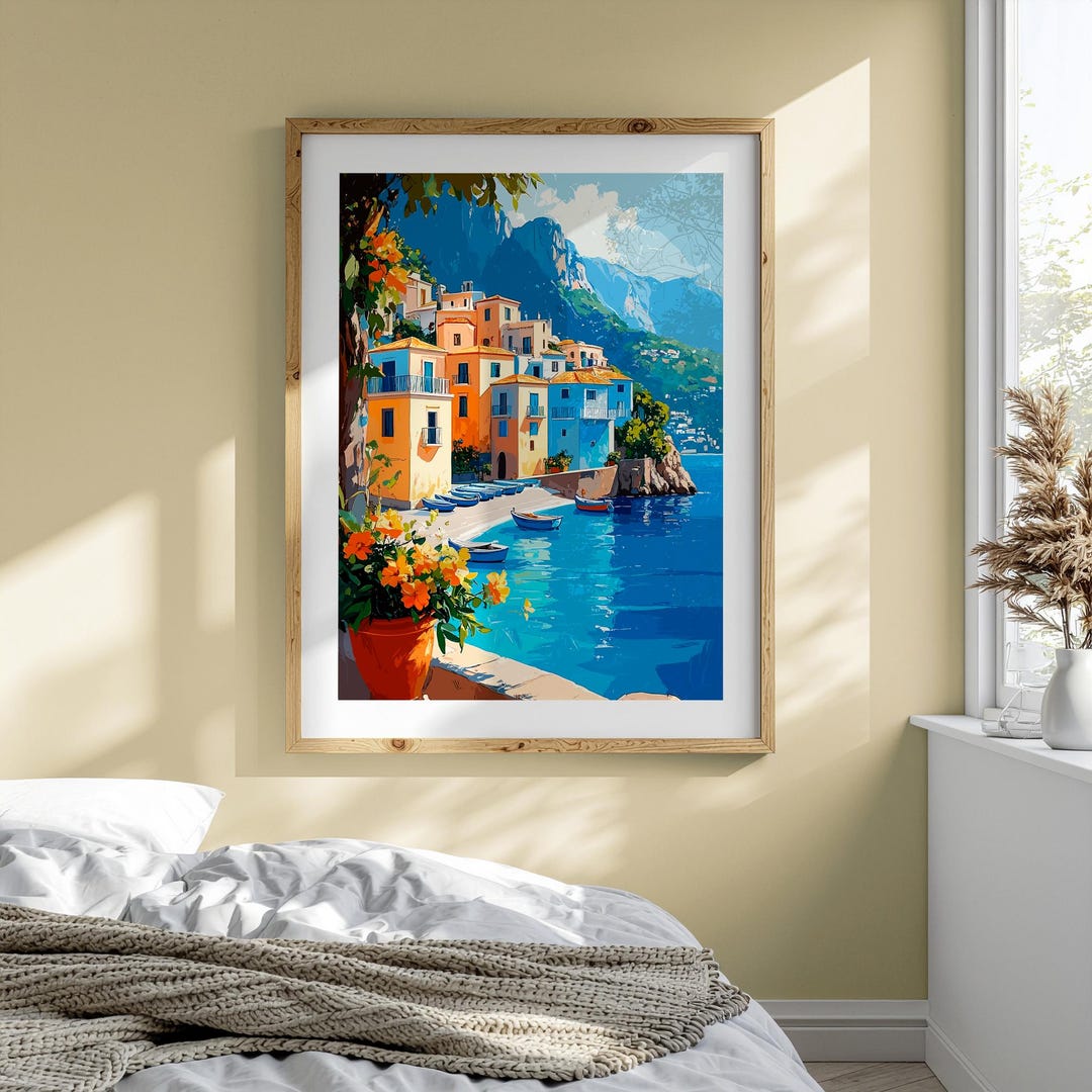 Mediterranean Coastal Village Printable Art, Amalfi Coast Wall Decor ...