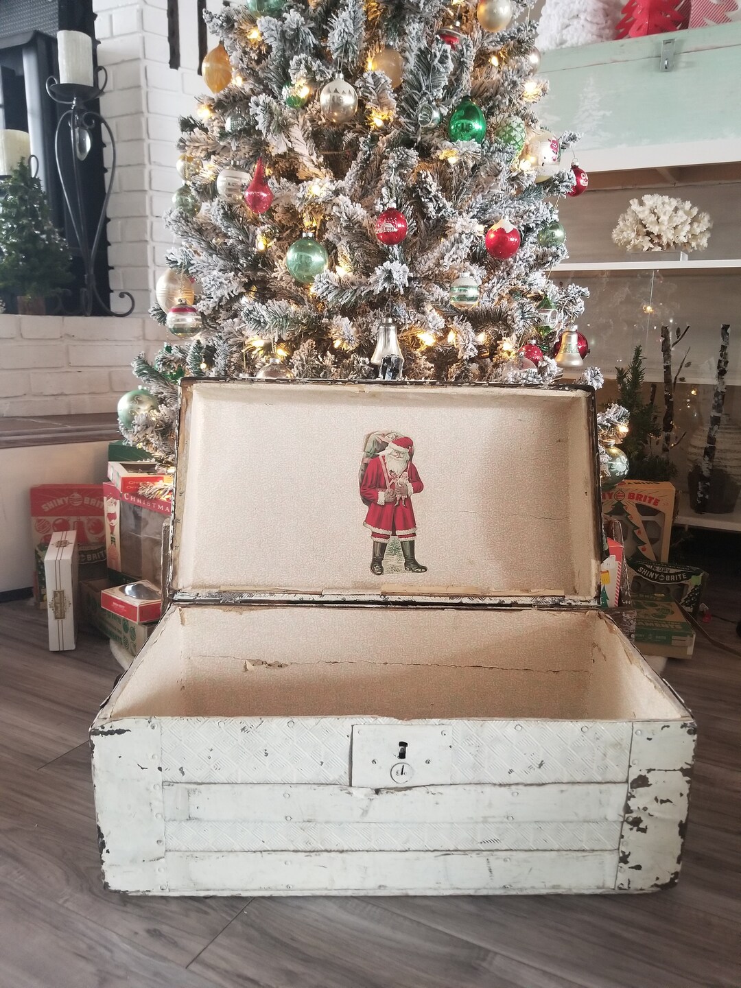 Antique Metal Wrapped Trunk White Trunk White Christmas Antique ...