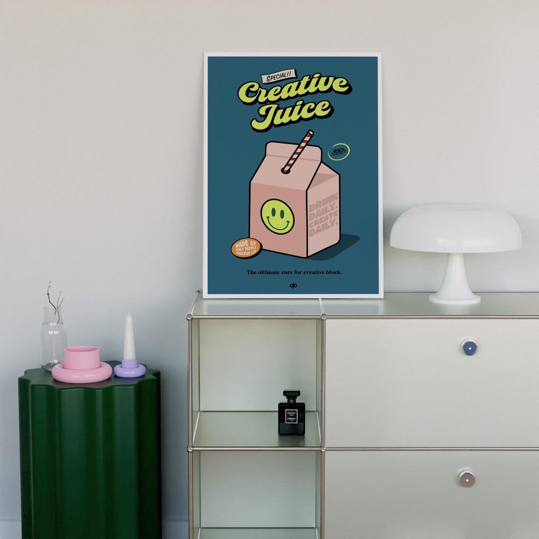 Creative Juice Art Print | Retro Milk Carton, Motivational Office Decor ...