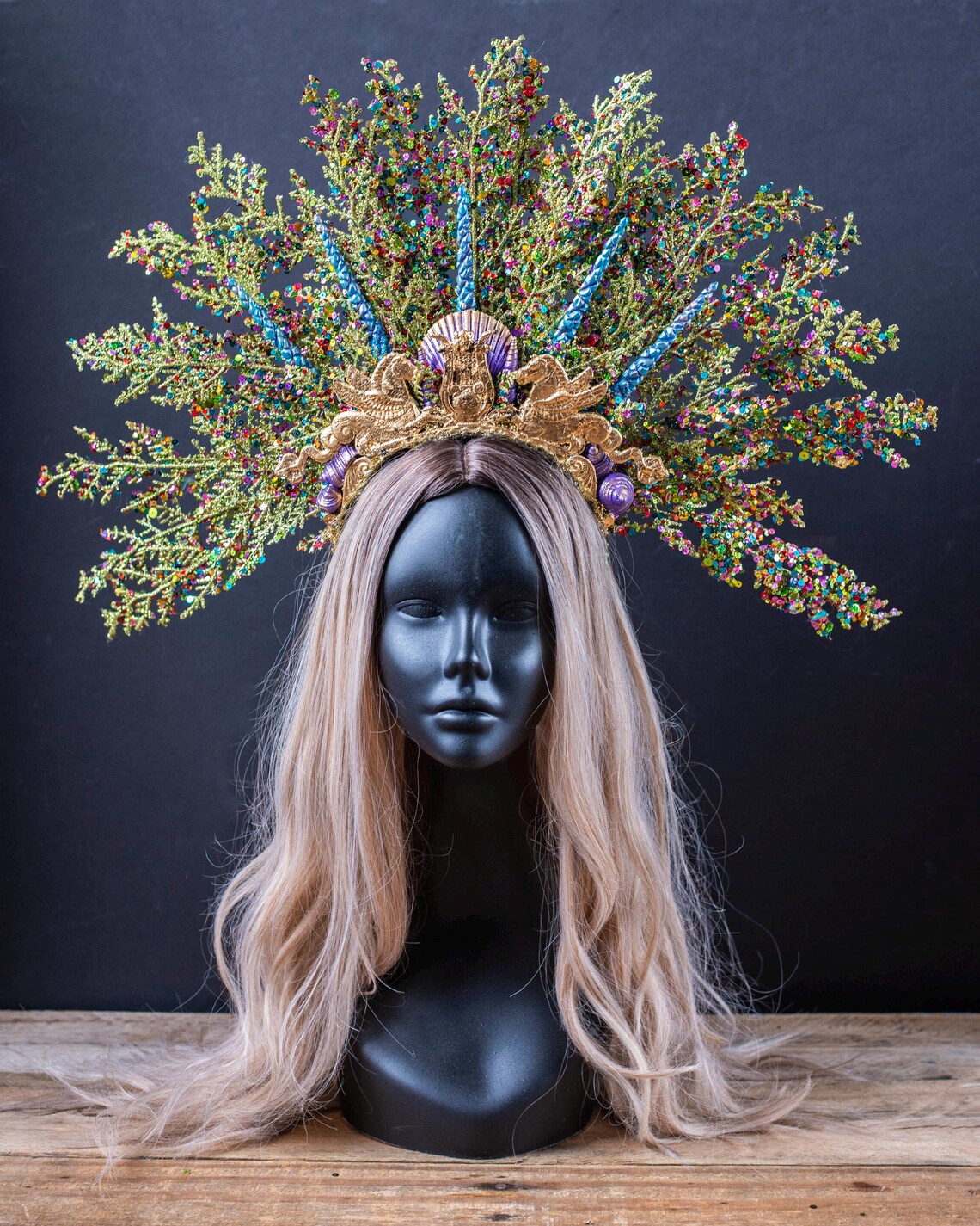 Gold Mermaid Crown: Seashell Headdress, Faux Seaweed, Ocean Costume - Etsy