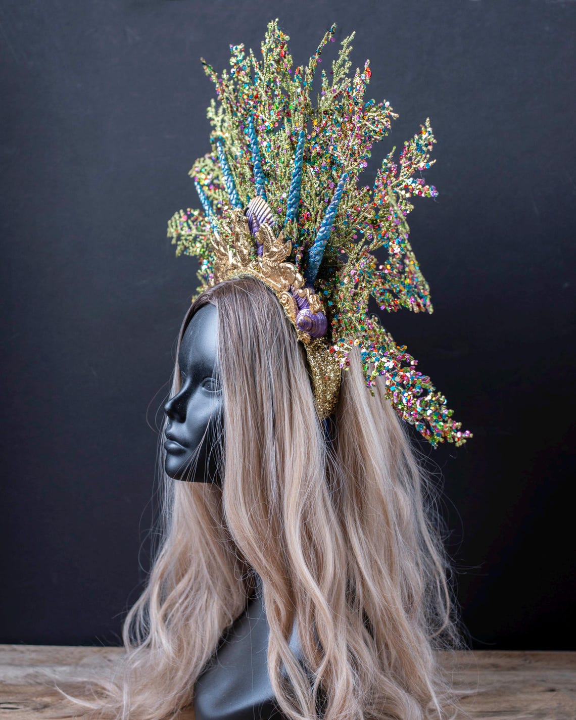 Gold Mermaid Crown: Seashell Headdress, Faux Seaweed, Ocean Costume - Etsy