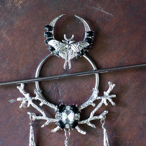 Luna Moth Hair Stick With Black Quartz Crystals, Tree Branch Charms ...