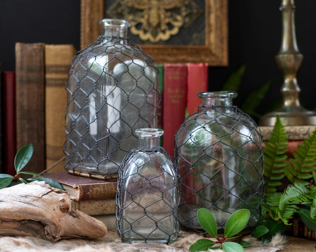 Vintage Nautical Glass Bottles With Wire Cages – Coastal Home Decor for ...