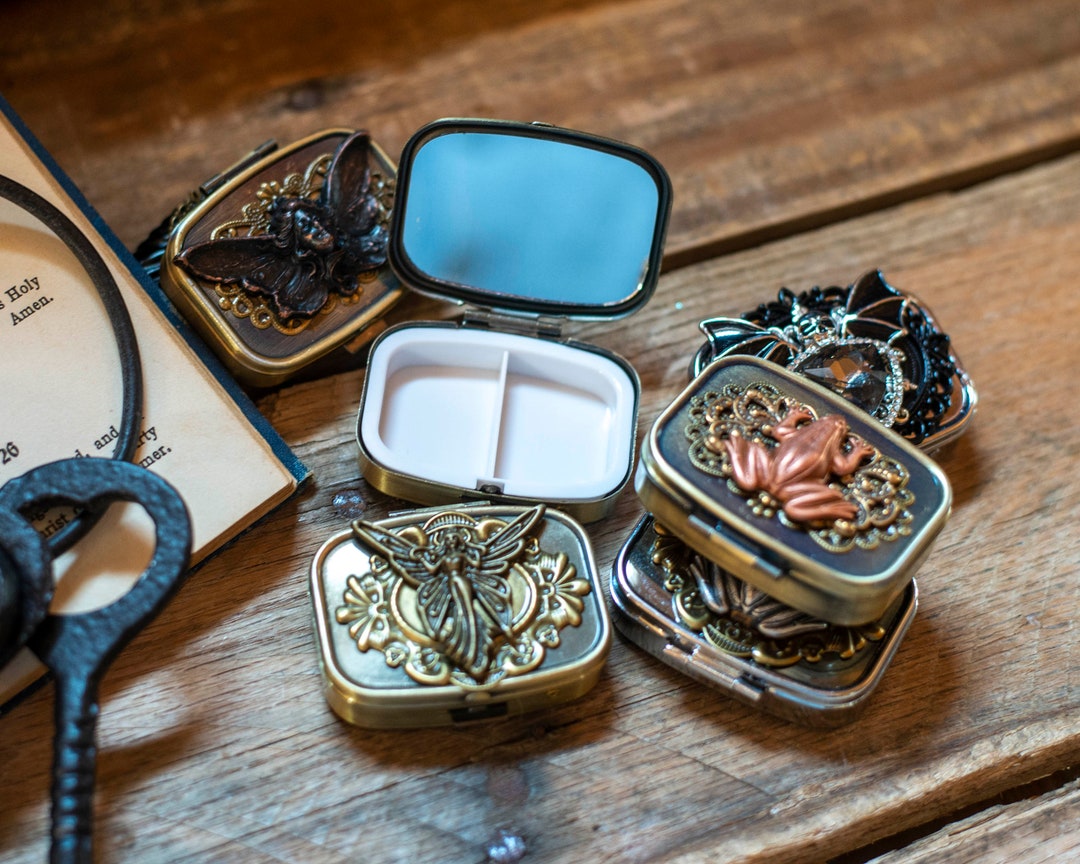 Hand-decorated Pill Box: Antique Brass, Two Compartments, Mirror Lid - Etsy