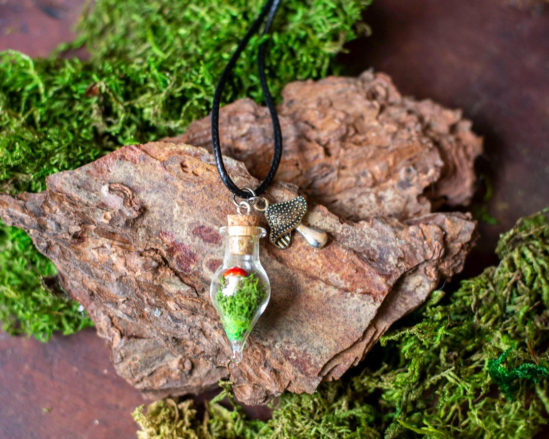 Mushroom Vial Necklace – Tiny Toadstool Pendant With Moss – Fairycore ...