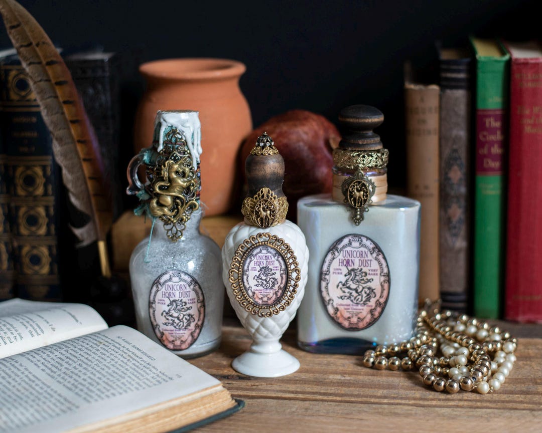 Unicorn Horn Dust Potion Bottle, Vintage Glass & Ceramic Potion Bottles, Fantasy Decor, Unique ...