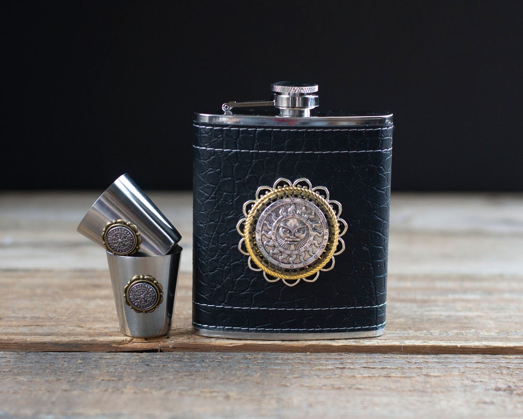 Viking Flask Gift Set, Vegan Leather Flask, Gifts for Him, Celtic Flask ...