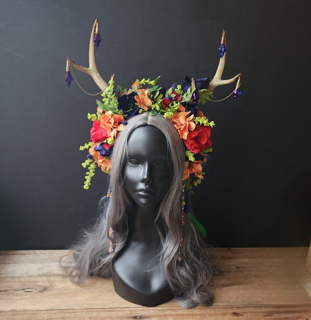 Jewel Tone Fairy Headdress With Antlers, Antler Headdress, Fairy Crown ...