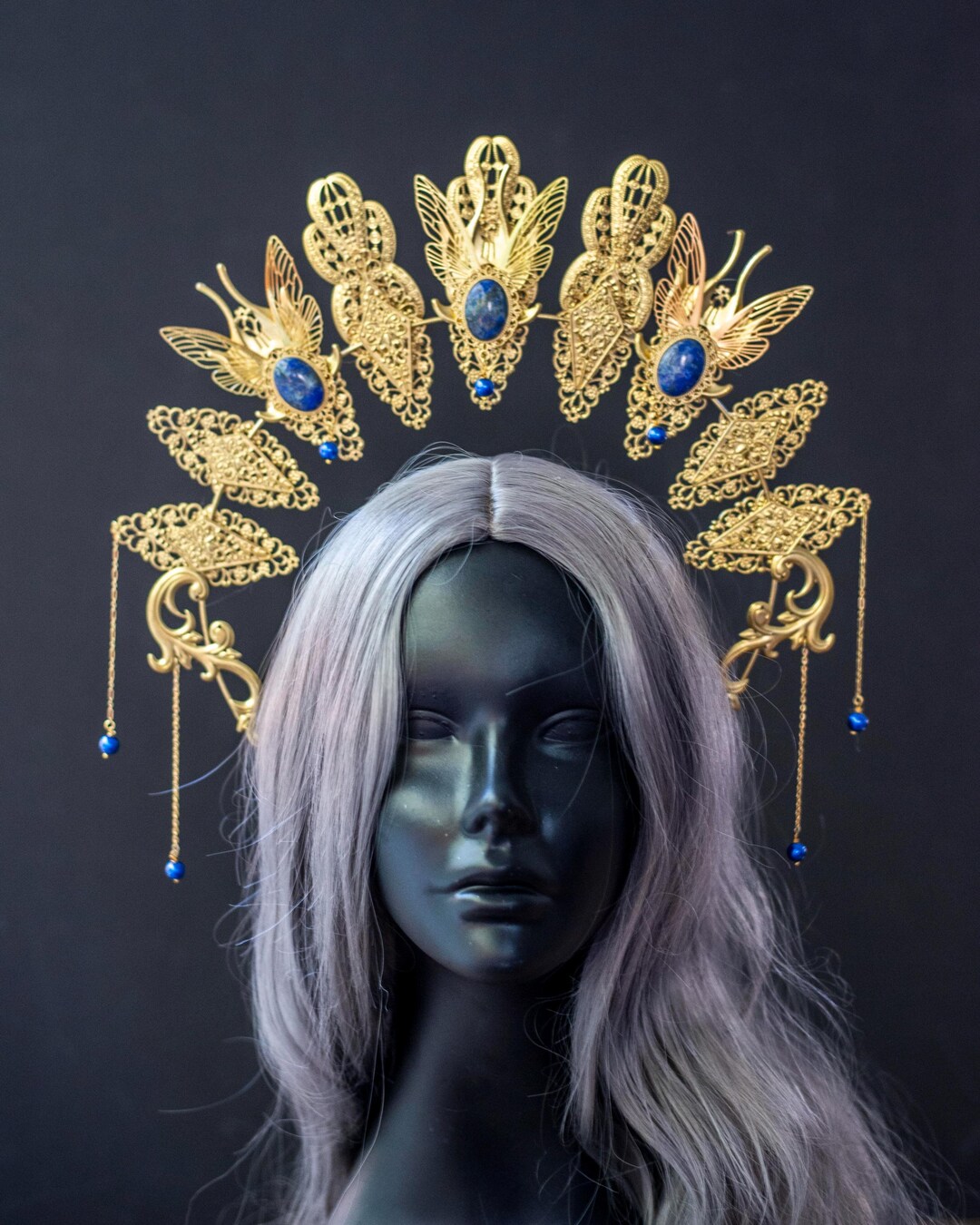 Gold and Blue Fairy Wing Halo Crown With Lapis Lazuli Cabochons for ...