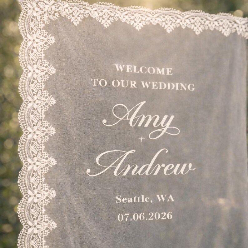 Sheer Lace Welcome Sign Wedding Welcome Sign Fabric Wedding Sign With ...