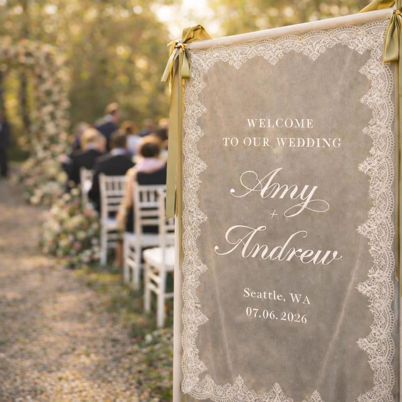 Sheer Lace Welcome Sign Wedding Welcome Sign Fabric Wedding Sign With ...