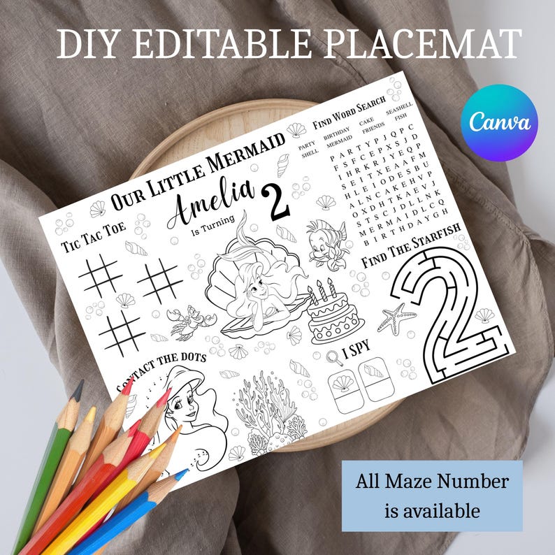 Little Mermaid Birthday Coloring Page, Placemat, Mermaid Favors ...